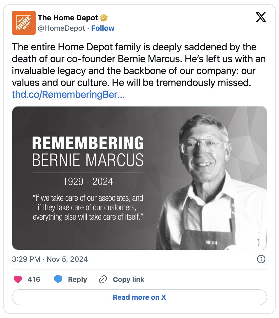 Home Depot Co-Founder Bernie Marcus Dies at 95 - News Addicts
